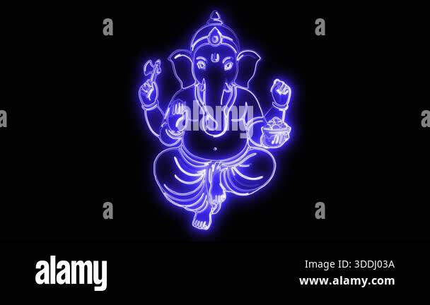 Lord Ganesh symbol with glowing blue neon light path effect on plain ...