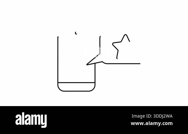 Line art depicts a smartphone beside a speech bubble with a star inside ...