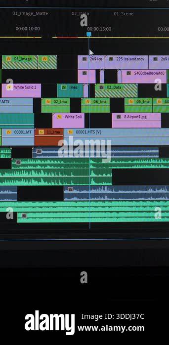 Detailed timeline of a video project with multiple layers and audio ...