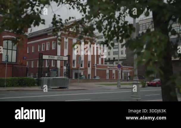 A beautiful red brick building with columns in the center of Moscow ...