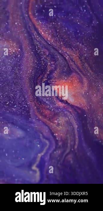 Vertical video. Art liquid. Blur glitter paint. Orange violet emulsion ...