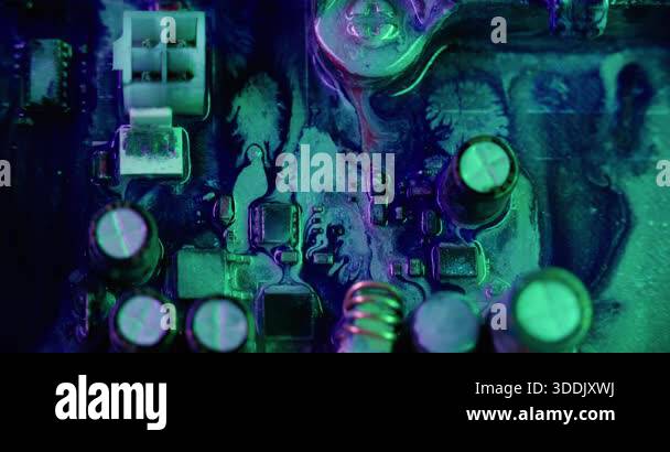 Paint drip. Electronic board. Defocused blue purple neon colorful ...