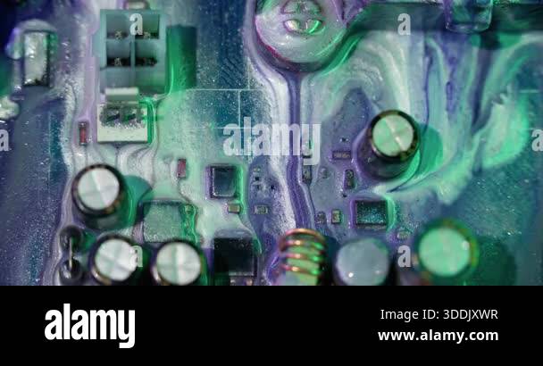 Processor chip. Glitter paint. Defocused purple white neon color round ...