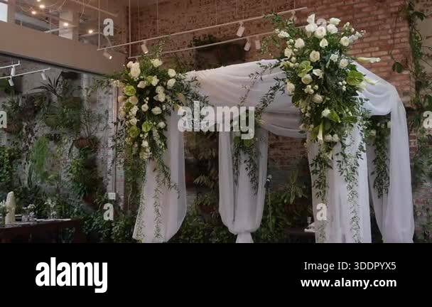 Medium Shot Boho Canopy Altar With Flowing Drapery, Lush Floral Swags ...