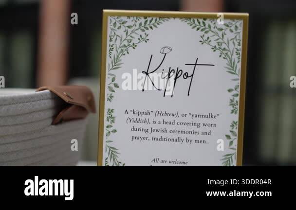 CloseUp Kippot Sign Beside Basket Displaying Definition And Welcome ...