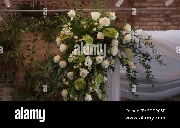 Closeup Floral Arch With White Roses And Cascading Greenery, Soft ...