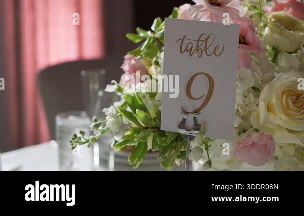 Wedding Table Number Card With Flowers Soft Pink Cream Roses And ...
