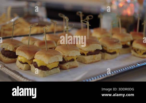 Tray Mini Cheeseburgers On Silver Platter, Warm Ambient Lighting, Gold ...