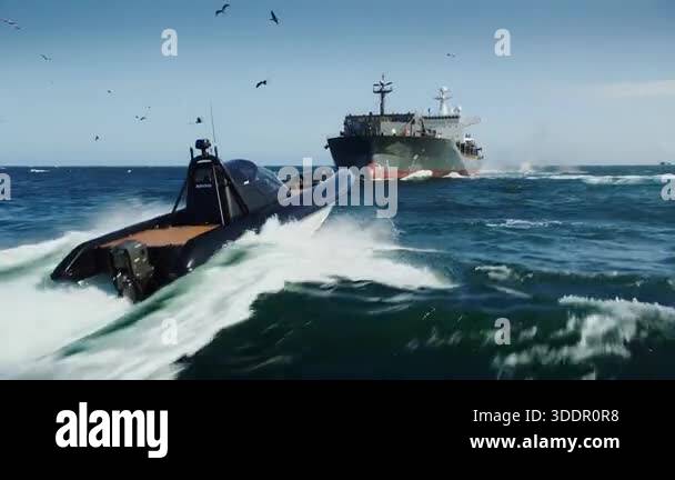 High-quality cinematic footage of a naval drone attacking a tanker at ...