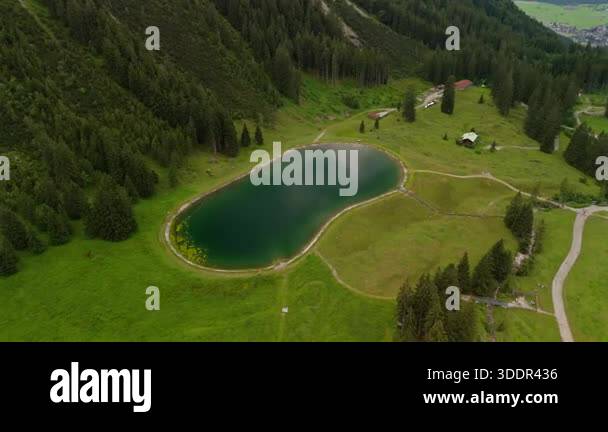 Aerial view Nebelhorn snowmaking pond in Oberstdorf collects water for ...