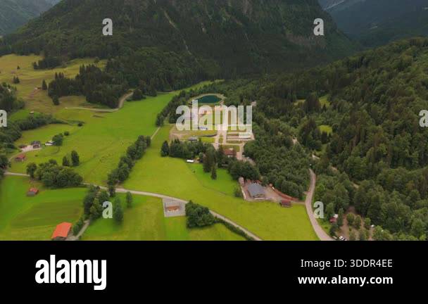 Oberstdorf, Germany cross country stadium aerial view in summer. Nordic ...