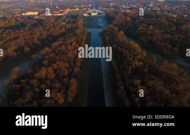Aerial view of Schloss Nymphenburg at sunset in December, featuring ...