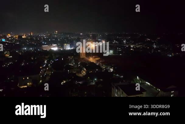 Aerial night view of city fireworks Stock Video Footage - Alamy