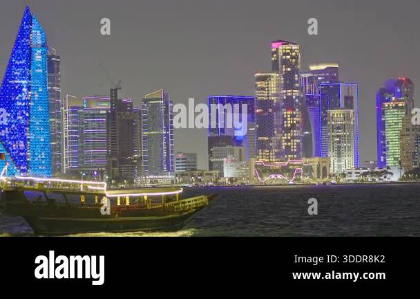 Doha, Qatar-October 21 2025: Doha skyline at night from the museum of ...