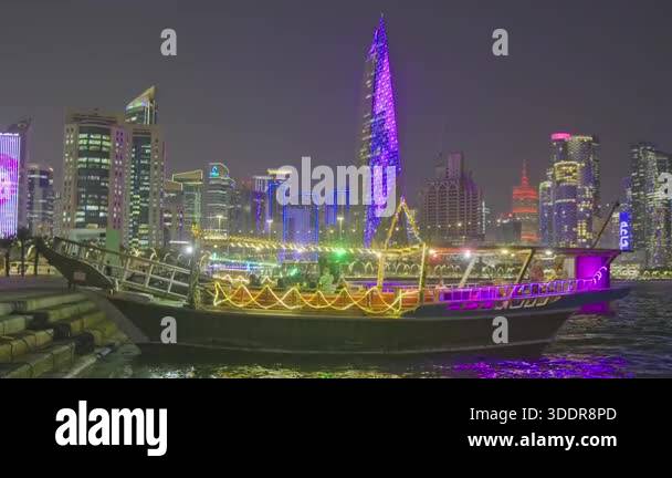 Doha, Qatar-October 21 2025: Doha skyline at night from the corniche ...