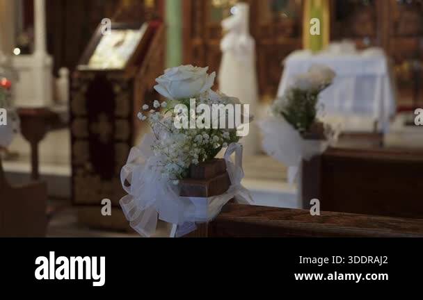 Pew With White Rose And Ribbon, Gypsophila And Tulle Bow, Wooden Pew ...