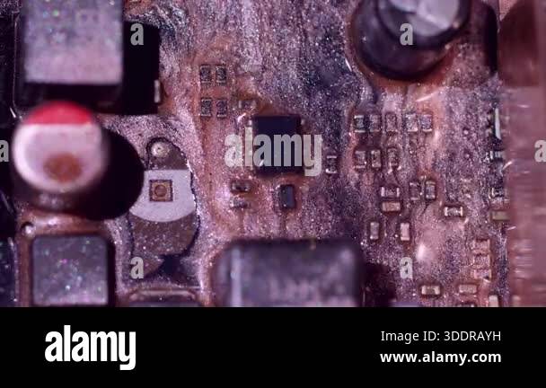 Ink pour. Digital microcircuit. Defocused orange silver red colorful ...