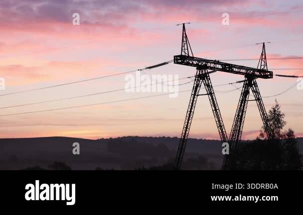 Pylon design, Line sunset, Electric landscape. At dusk, power lines ...