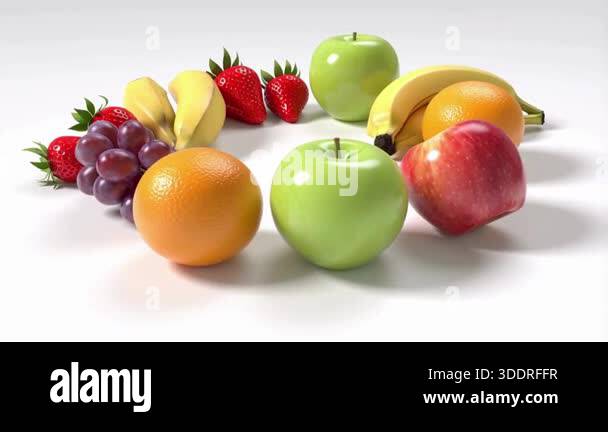 Ultra-realistic fresh fruits rotating 360 degrees on a clean pure white ...