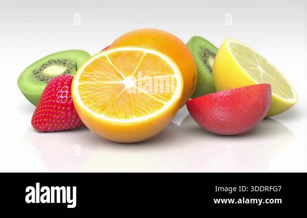 Ultra-realistic fresh fruits rotating 360 degrees on a clean pure white ...