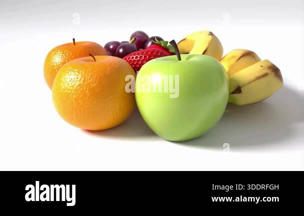 Ultra-realistic fresh fruits rotating 360 degrees on a clean pure white ...