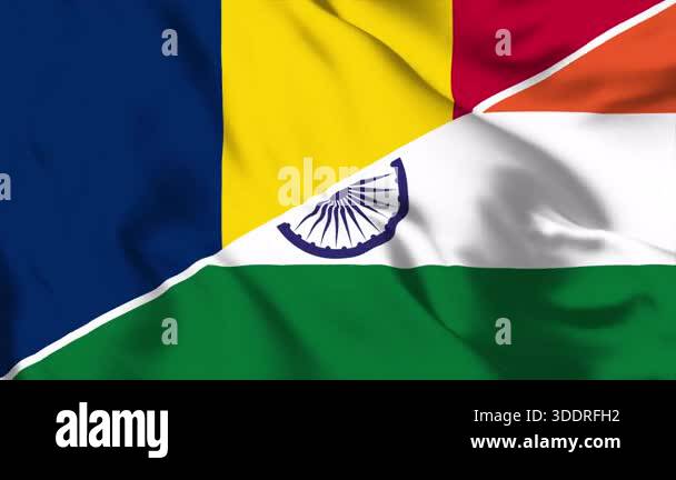 Two national flags waving together representing Chad and India ...