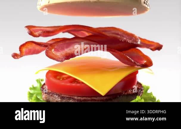 Cinematic Slow Motion of Deconstructed Burger Ingredients Assembling ...