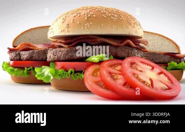 Cinematic Slow Motion of Deconstructed Burger Ingredients Assembling ...