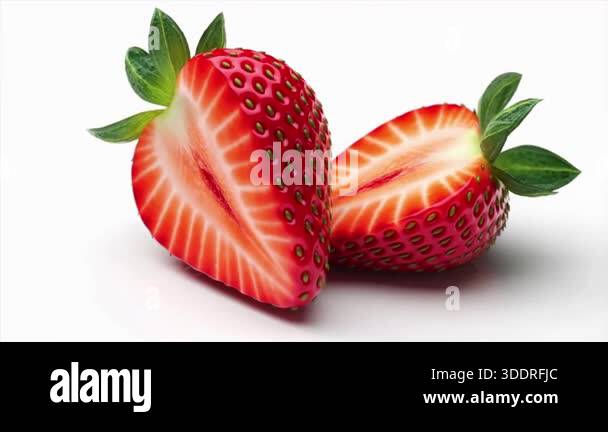 Ultra-realistic 3D animation of a whole and sliced strawberry rotating ...