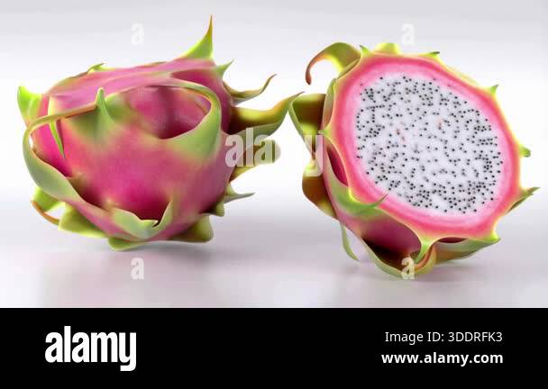 Realistic 3D animation of a whole and sliced dragon fruit rotating on a ...