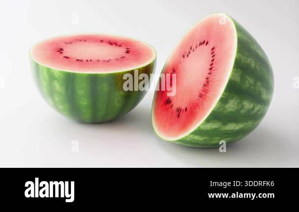 Realistic 3D animation of a whole and sliced watermelon rotating on a ...