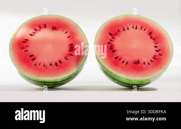 Realistic 3D animation of a whole and sliced watermelon rotating on a ...