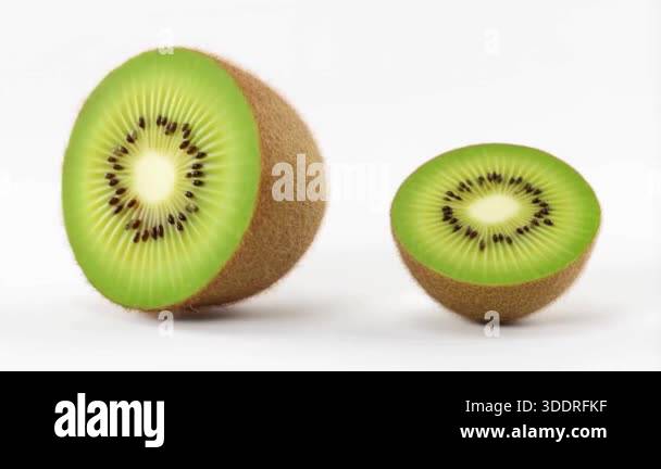 Ultra-realistic 3D animation of a whole and sliced kiwi rotating on a ...