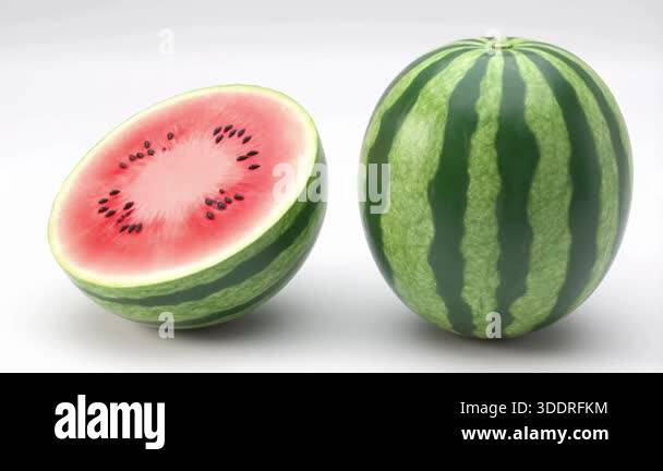 Realistic 3D animation of a whole and sliced watermelon rotating on a ...