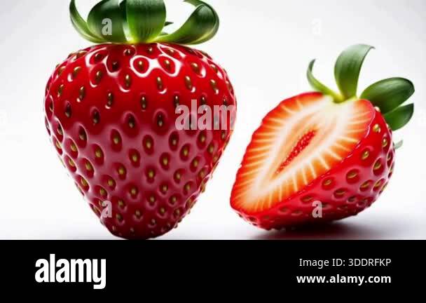 Ultra-realistic 3D animation of a whole and sliced strawberry rotating ...