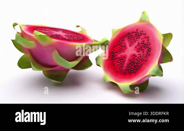 Realistic 3D animation of a whole and sliced dragon fruit rotating on a ...