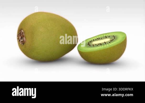 Ultra-realistic 3D animation of a whole and sliced kiwi rotating on a ...