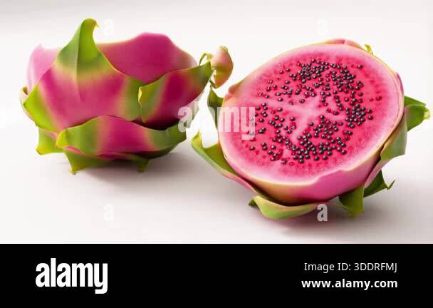 Realistic 3D animation of a whole and sliced dragon fruit rotating on a ...