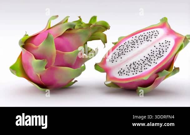 Realistic 3D animation of a whole and sliced dragon fruit rotating on a ...