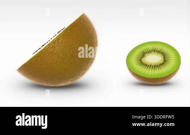 Ultra-realistic 3D animation of a whole and sliced kiwi rotating on a ...