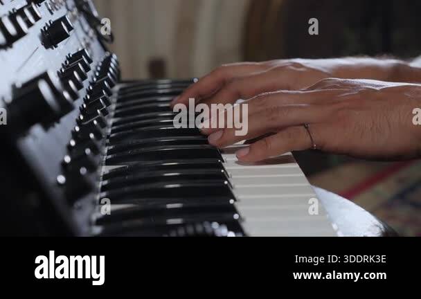 CloseUp Keyboardist Hands On Keys In Vintage Studio, Composer ...