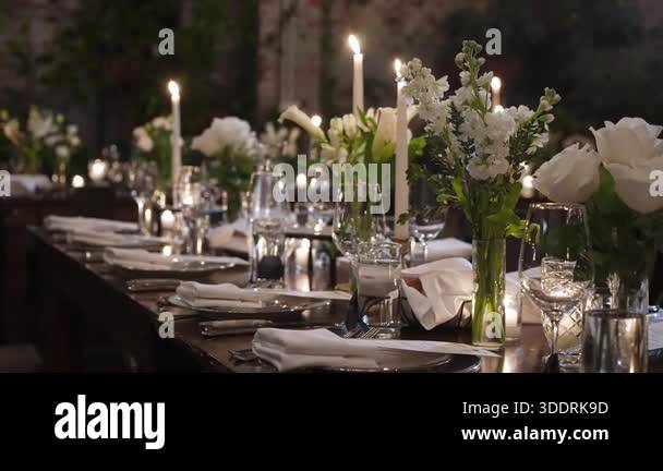 Formal Long Table Dinner In Loft, Event Planner Finalizing Seating ...