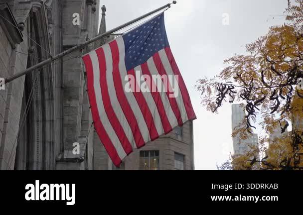American Flag On Stone Facade, Autumn Leaves, Angled Flagpole, Gentle ...