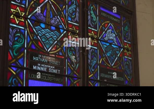 Stained Glass Synagogue Windows Showing Memorial Names And Star Of ...