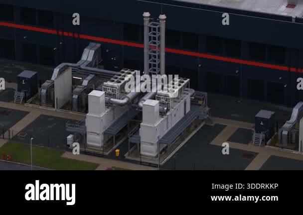 Close up aerial drone video of emergency backup power generators at a ...