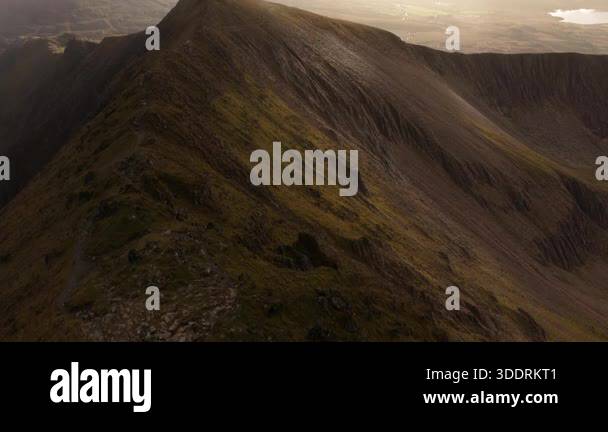 Aerial drone views of sunset over Snowdonia National Park in North ...