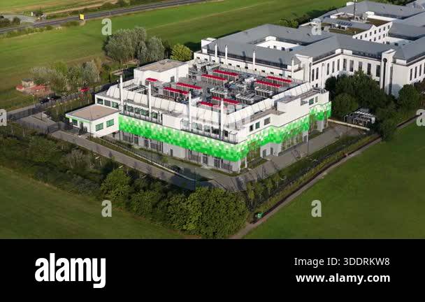 Aerial drone video of a large data center in Frankfurt am Main, Germany ...