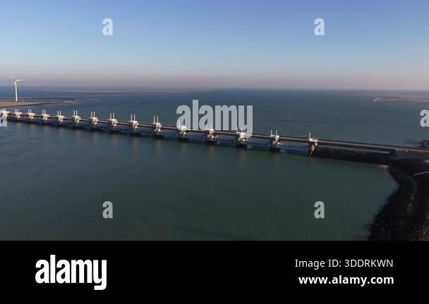 Aerial drone view of the Oosterscheldekering in The Netherlands, part ...