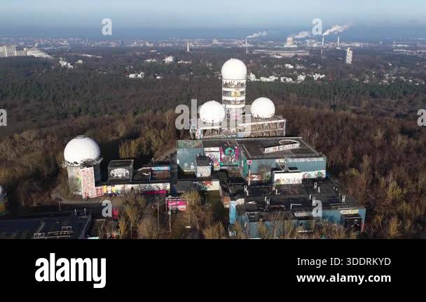 Close-up aerial drone view of the historic Teufelsberg listening ...