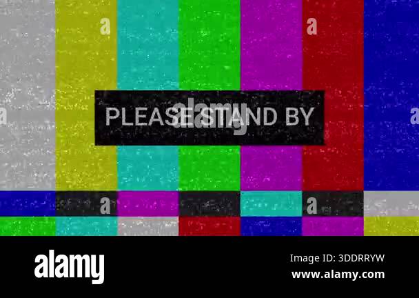 A vintage television screen displaying colorful test bars with heavy ...